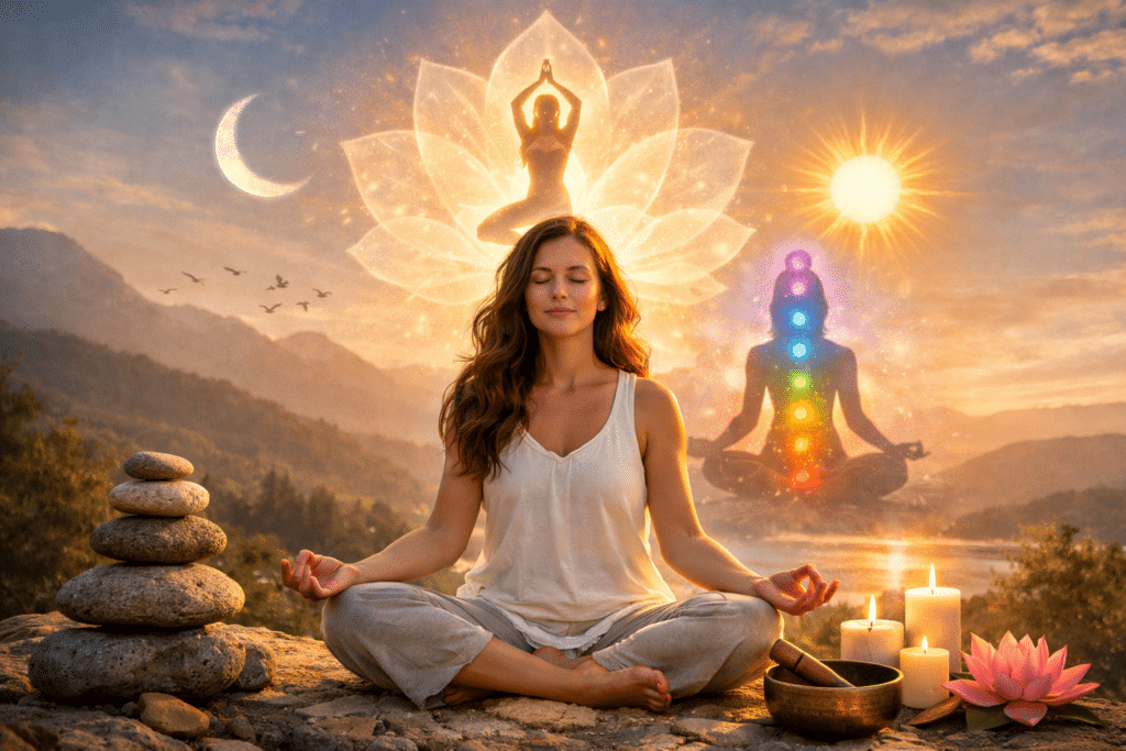 Mujer meditando en equilibrio holístico
